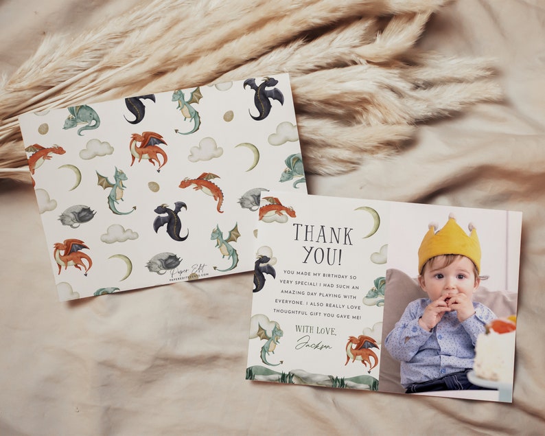 Dragon Thank You Card Magical Castle Birthday Party Modern Dragons ...