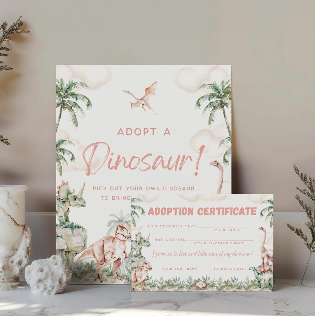 Adopt a Dinosaur Sign Editable Dinosaur Adoption Certificate Pink ...