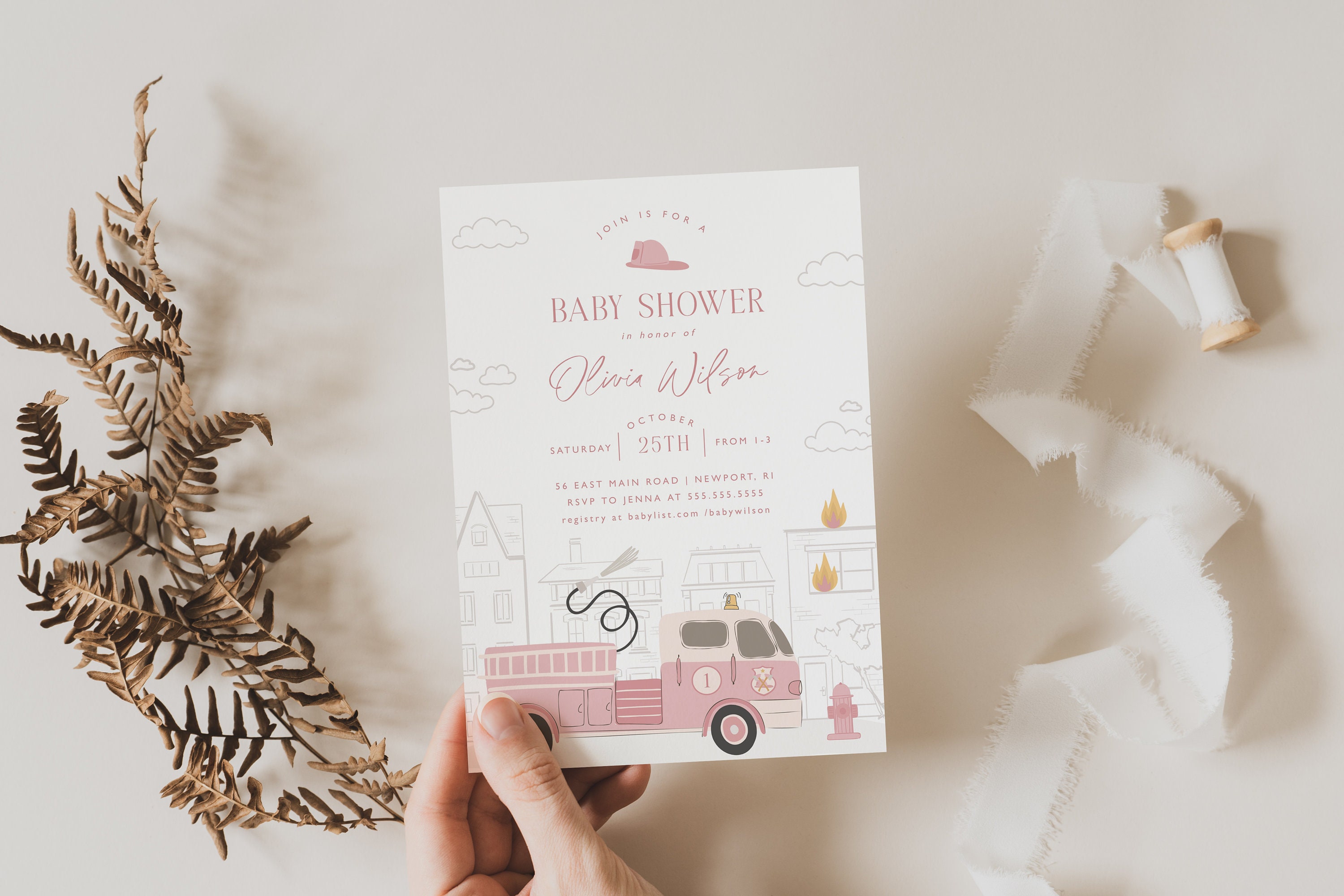 Firetruck Baby Shower Invitation, Baby Girl Firefighter Shower, Fire ...