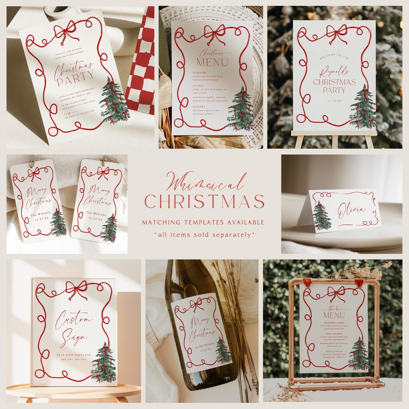 Christmas Menu Hand Drawn Holiday Party Dinner Menu Whimsical Bow Place Card Template Editable ...