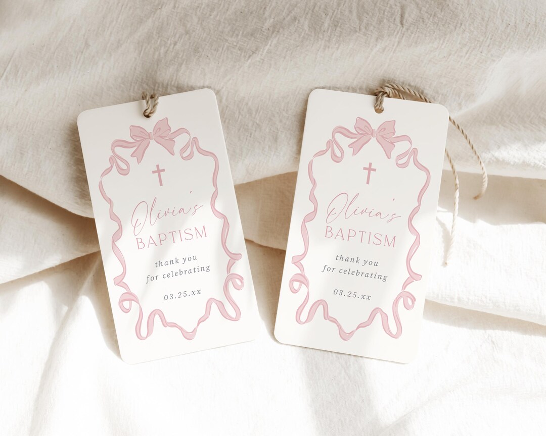 Baptism Tag Pink Bow Baptism Thank You Tag Label Pink Coquette Editable ...