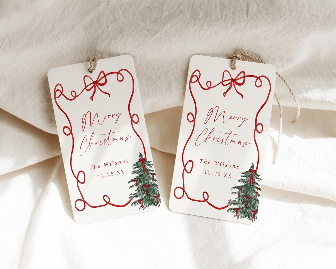 Christmas Tag Whimsical Bow Christmas Tree Label Template Editable ...