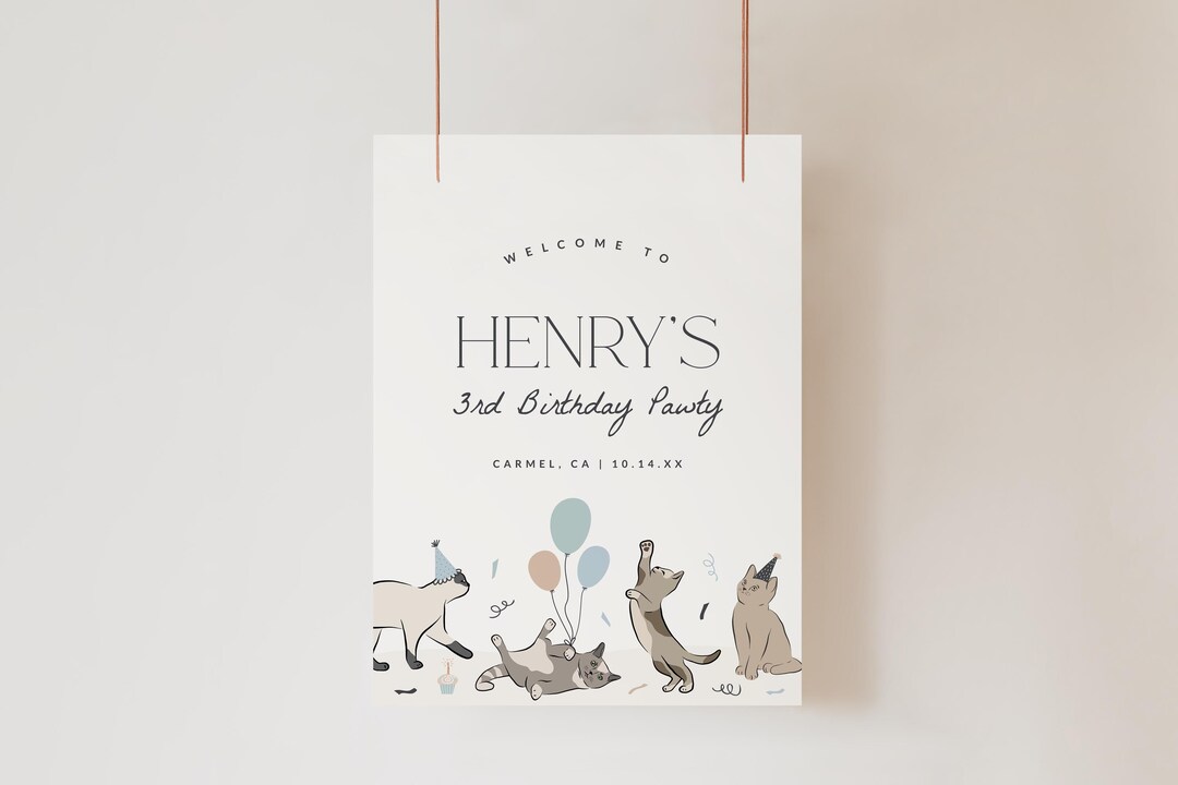 Cat Birthday Welcome Sign Kitten Party Sign Modern Kitty Cat Pawty Sign ...
