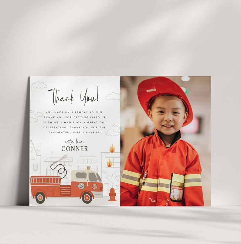 Firetruck Birthday Thank You Card Photo Thank You Card Firefighter ...