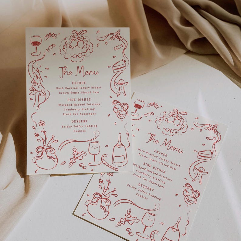 Christmas Menu Hand Drawn Holiday Party Dinner Menu Whimsical Bow Frame ...