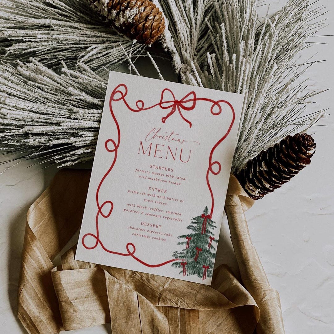 Christmas Menu Hand Drawn Holiday Party Dinner Menu Whimsical Bow Frame ...