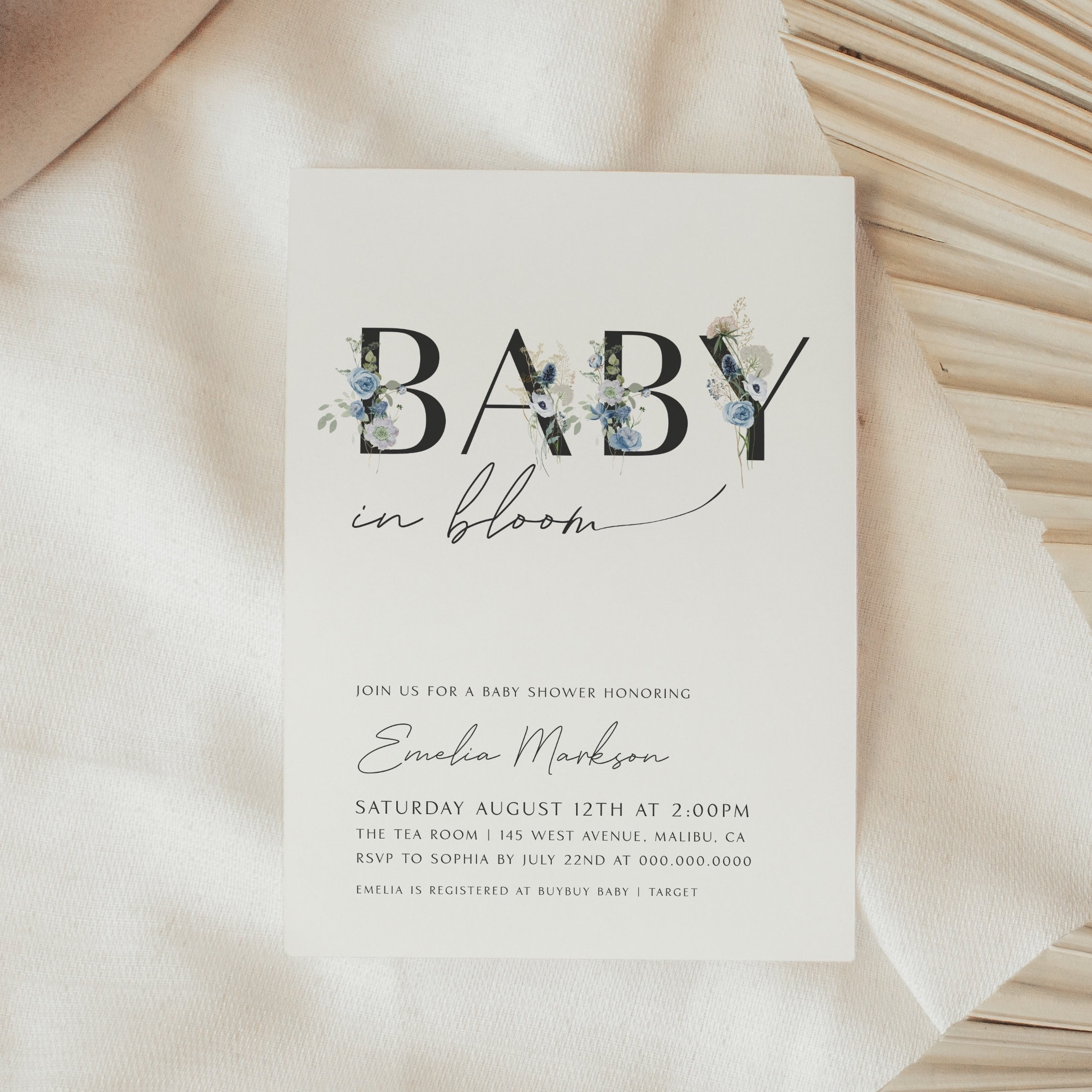 Baby in Bloom Shower Minimalist Flowers Invitation Template, Blue ...