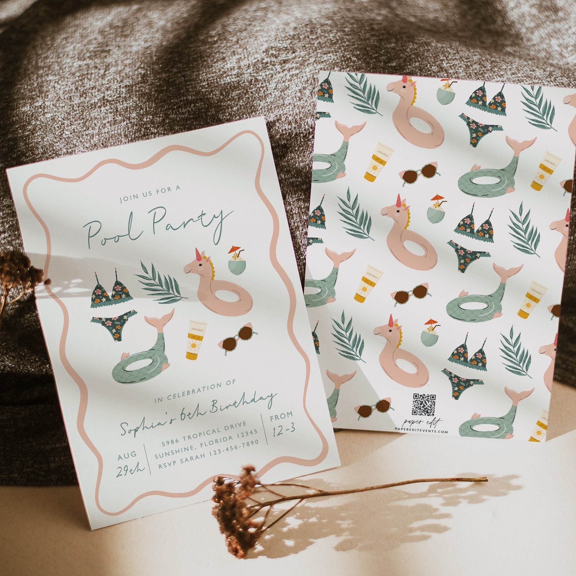 Pool Party Invitation Dive in Pool Party Birthday Invitation Boho ...