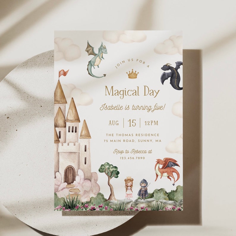 Princess and Dragons Birthday Invitation Magical Castle Birthday Invite ...