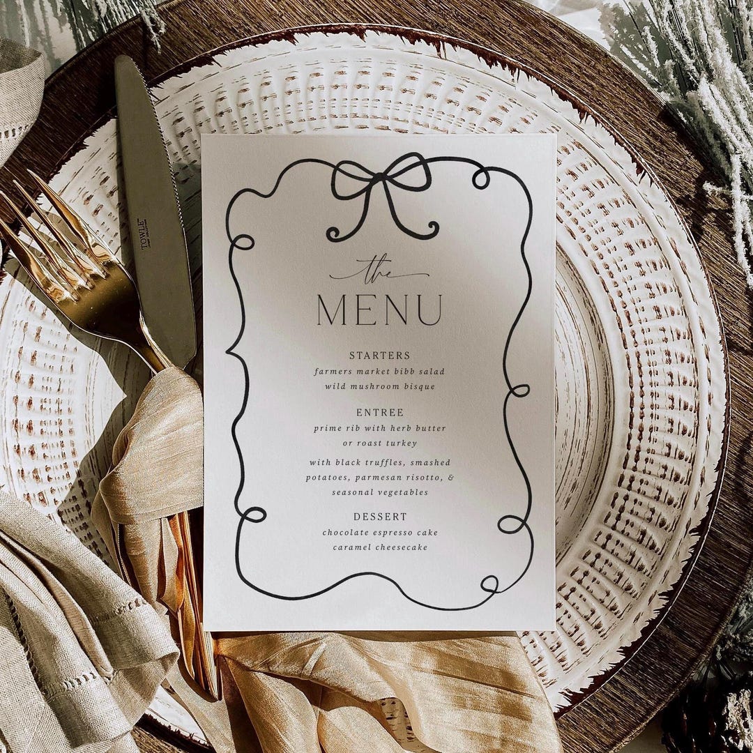 Menu Template Editable Hand Drawn Bow Dinner Party Menu Whimsical Bow ...