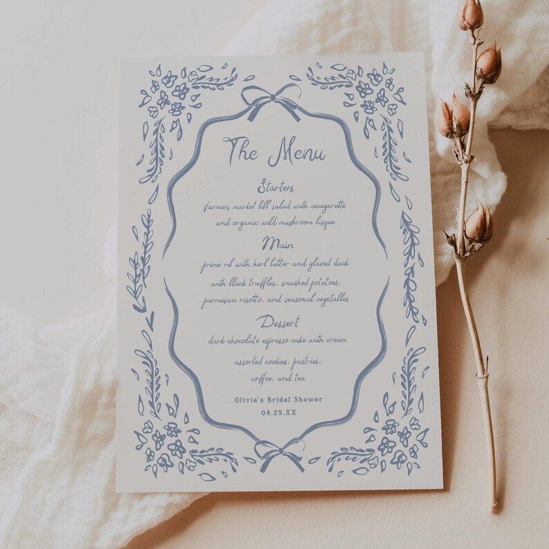 Blue Floral Menu Food Sign Template Chinoiserie Hand Drawn Toile Drink ...