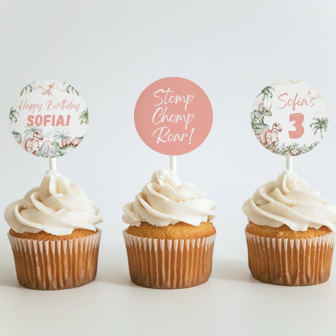 Dinosaur Cupcake Toppers Dino Birthday Label Editable Pink Dino Topper ...