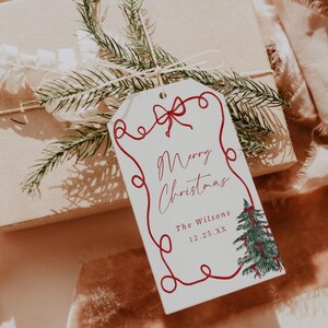 Christmas Tag Whimsical Bow Christmas Tree Label Template Editable ...