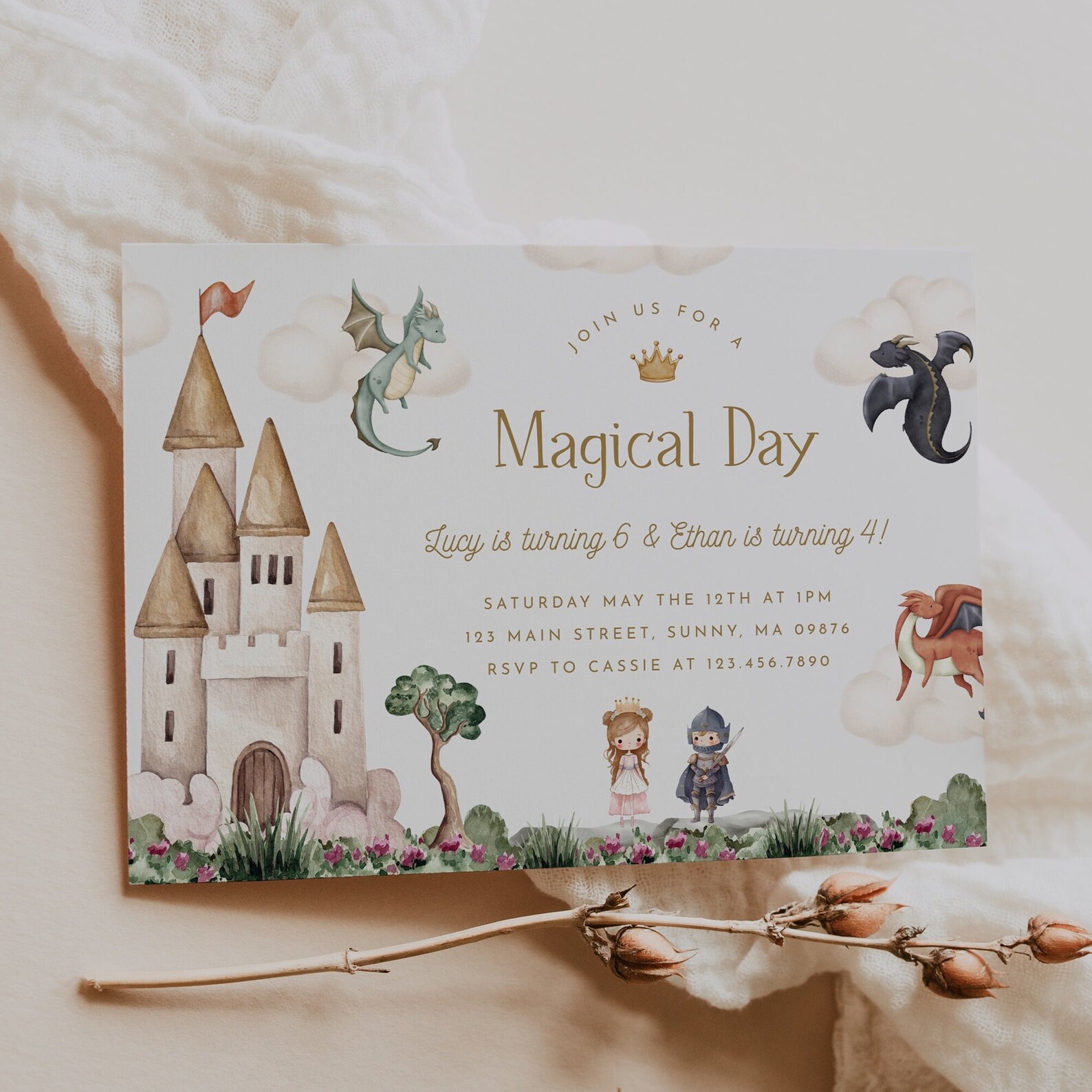 Princess and Dragons Birthday Invitation Magical Castle Birthday Invite ...