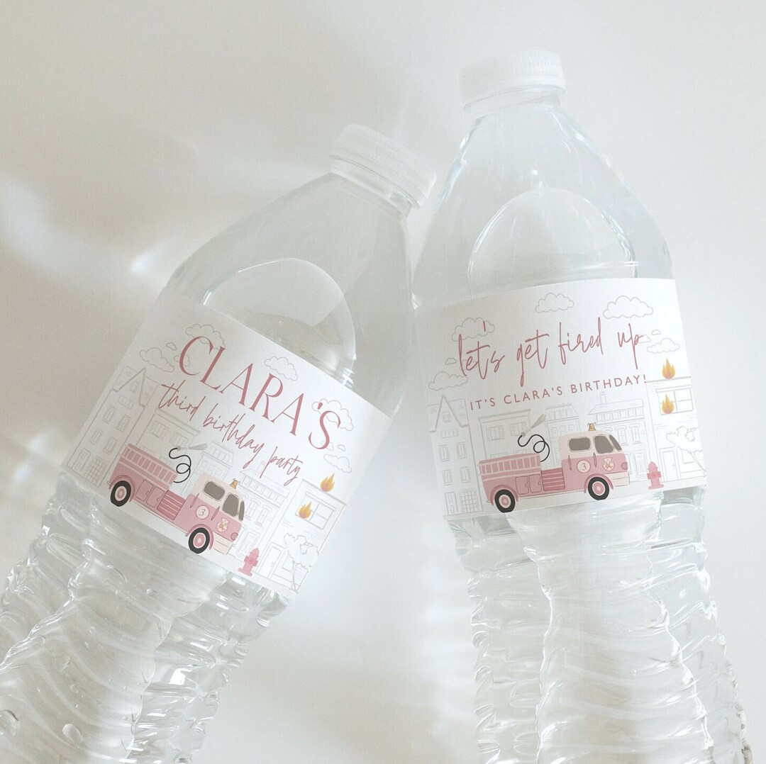 Firetruck Water Bottle Label Editable Girl Firefighter Birthday Party ...