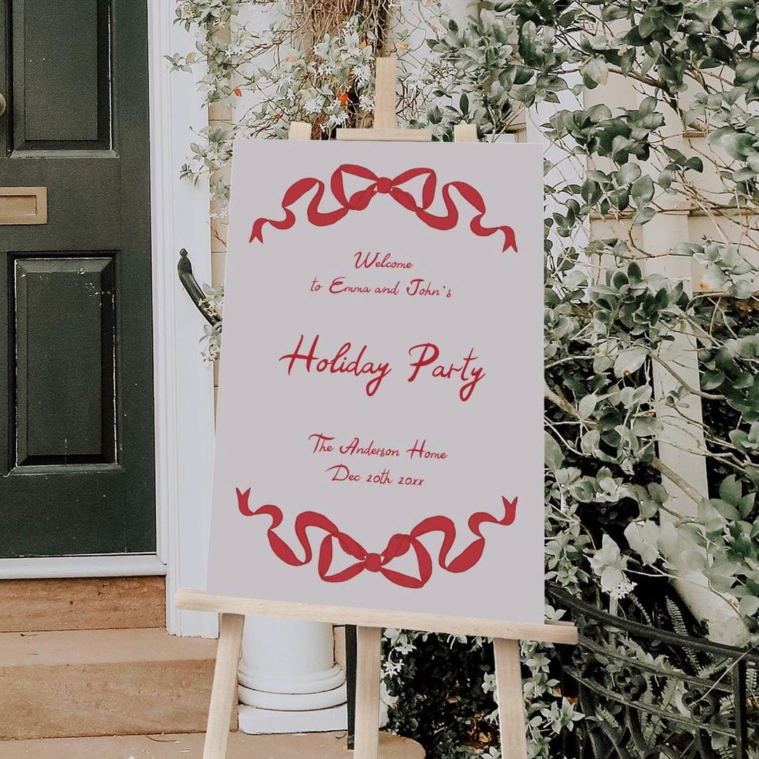 Christmas Party Welcome Sign Whimsical Bow Holiday Poster Board ...