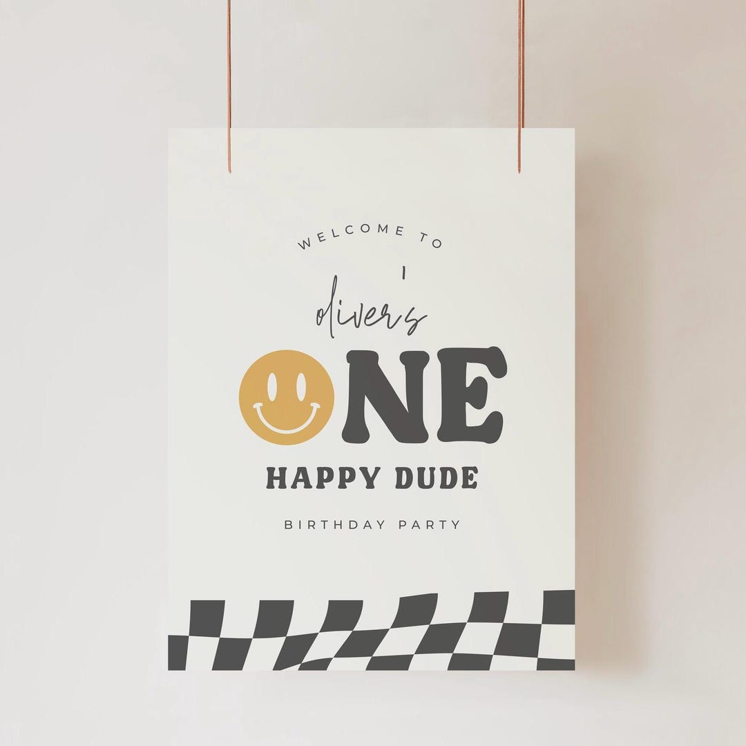 One Happy Dude Welcome Sign Smiley Face Birthday Sign Retro Birthday ...
