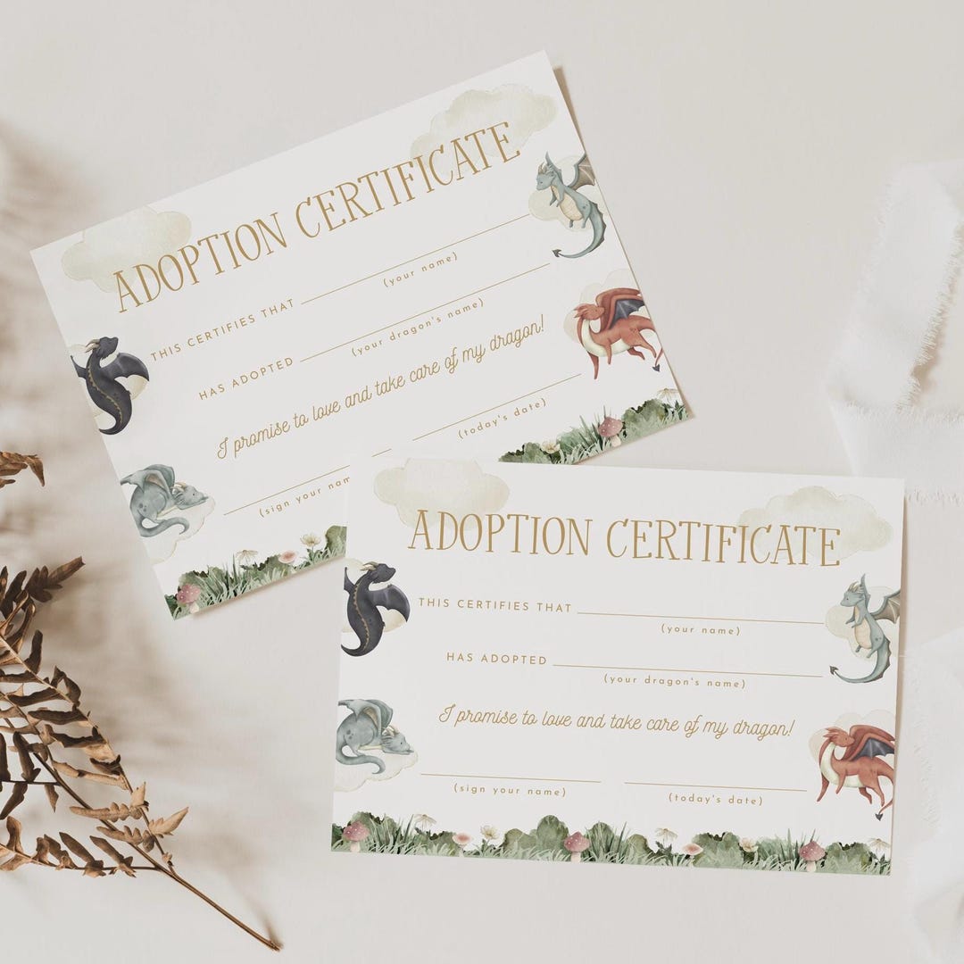 Dragon Adoption Certificate Adopt a Dragon Card Editable Fairy Tale ...