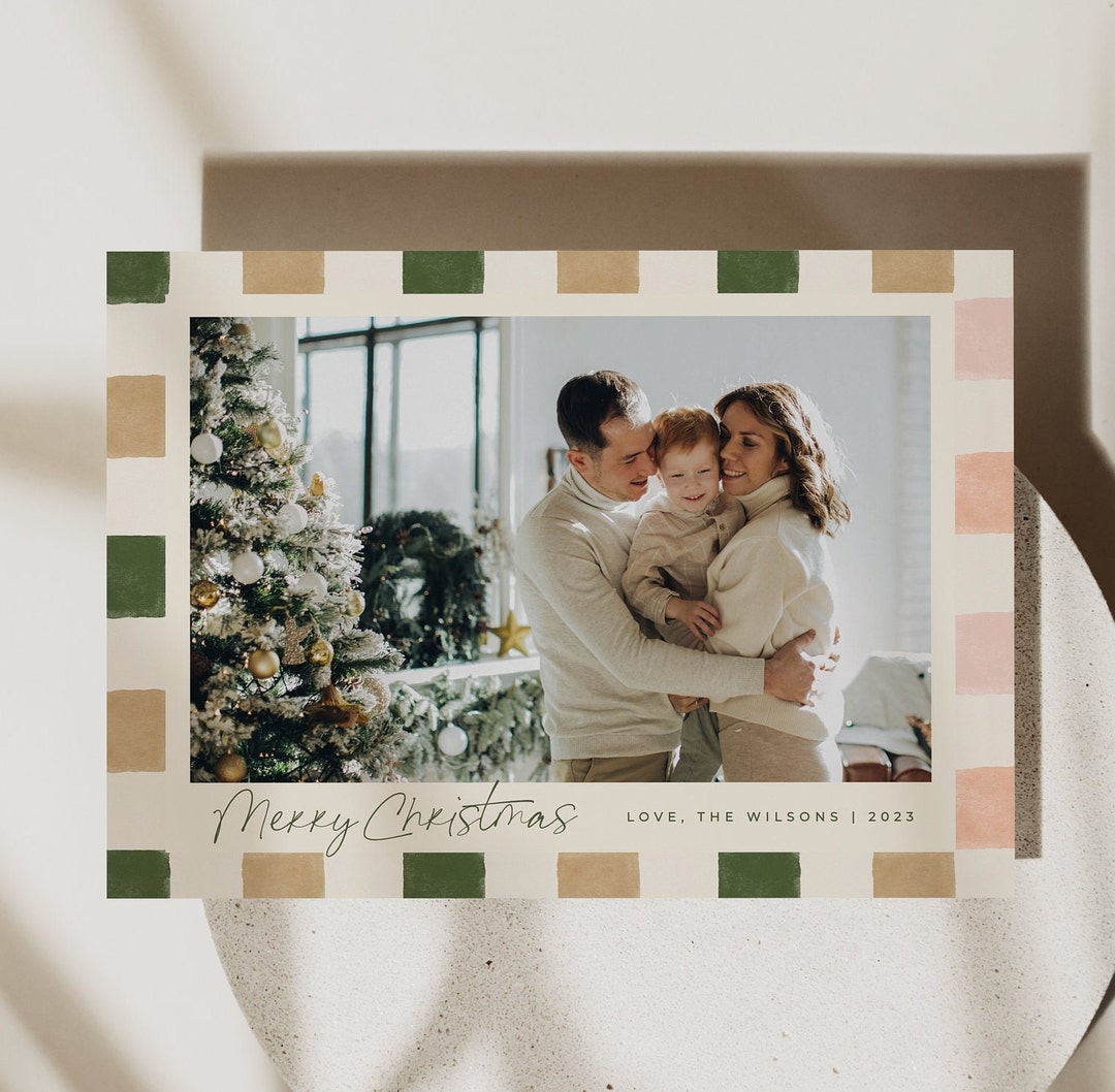 Christmas Photo Card Editable Template, Modern Checker Holiday Picture ...
