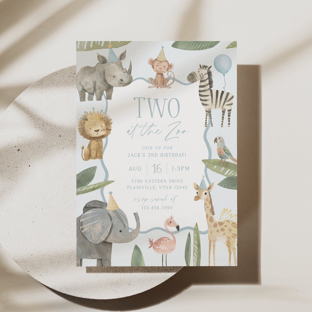 Two at the Zoo Birthday Invitation Party Animals Editable Invitation ...