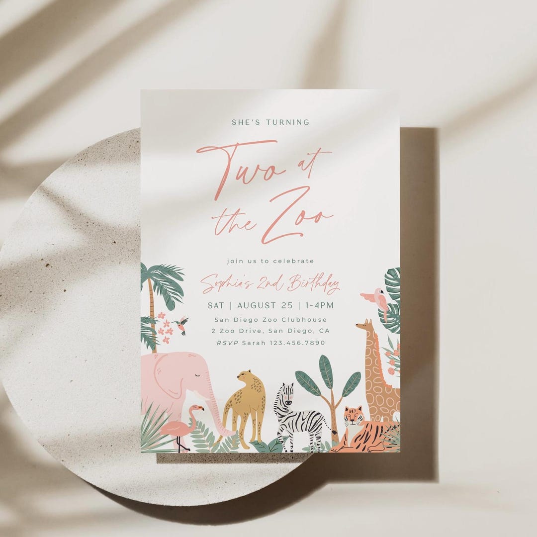 Two at the Zoo Birthday Invitation Party Animals Editable Invitation ...