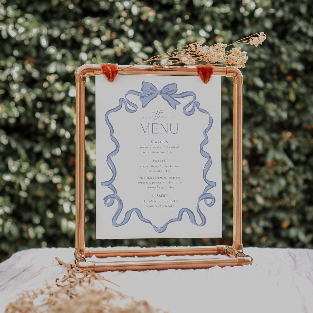 Bow Menu Hand Drawn Blue Bow Baby Shower Menu Whimsical Bow Frame Menu ...