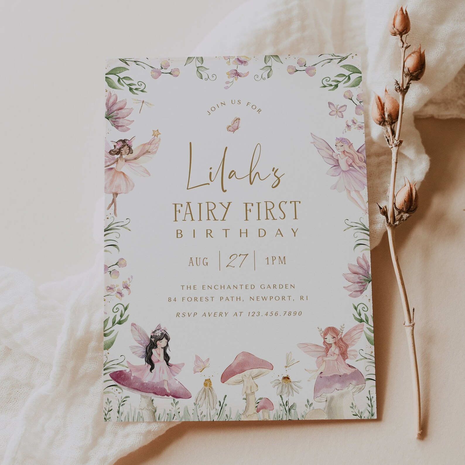 Fairy First Birthday Invitation Fairy Birthday Party Mushroom Garden ...