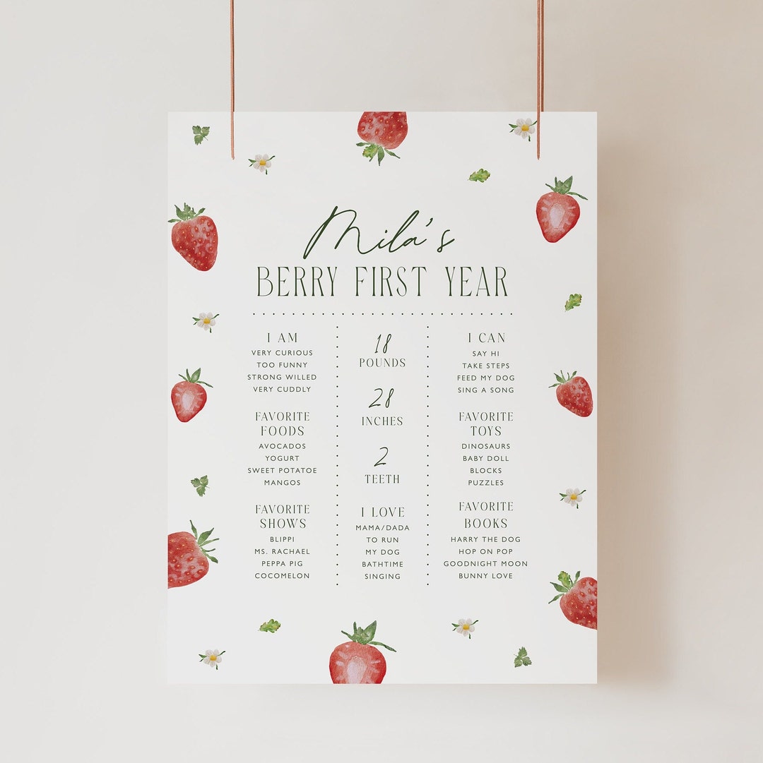 Berry First Birthday Milestone Sign Berry First Year Strawberry Party ...