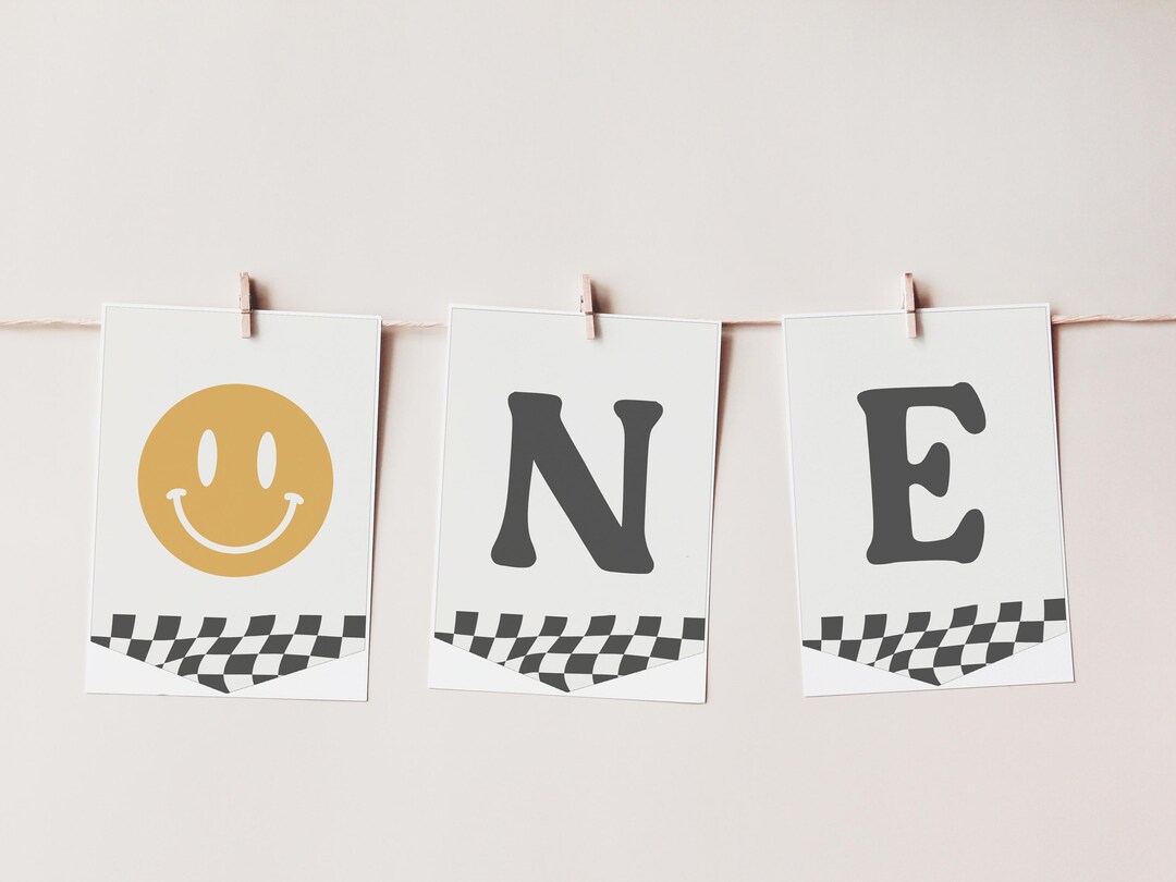 One Happy Dude High Chair Banner Sign Flag Cards DIY Smiley Face Retro ...