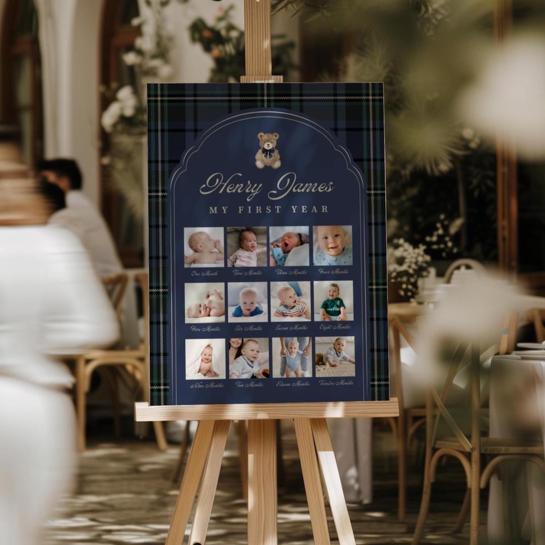 Bear Year Photo Sign Template Beary First Birthday Party Poster Preppy ...