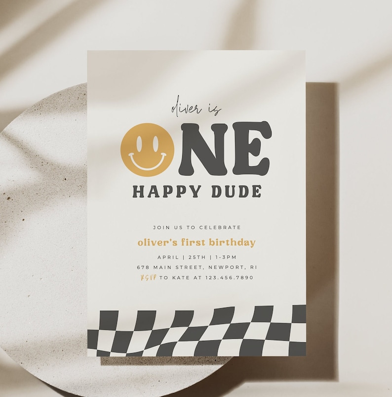 One Happy Dude High Chair Banner Sign Flag Cards DIY Smiley Face Retro ...