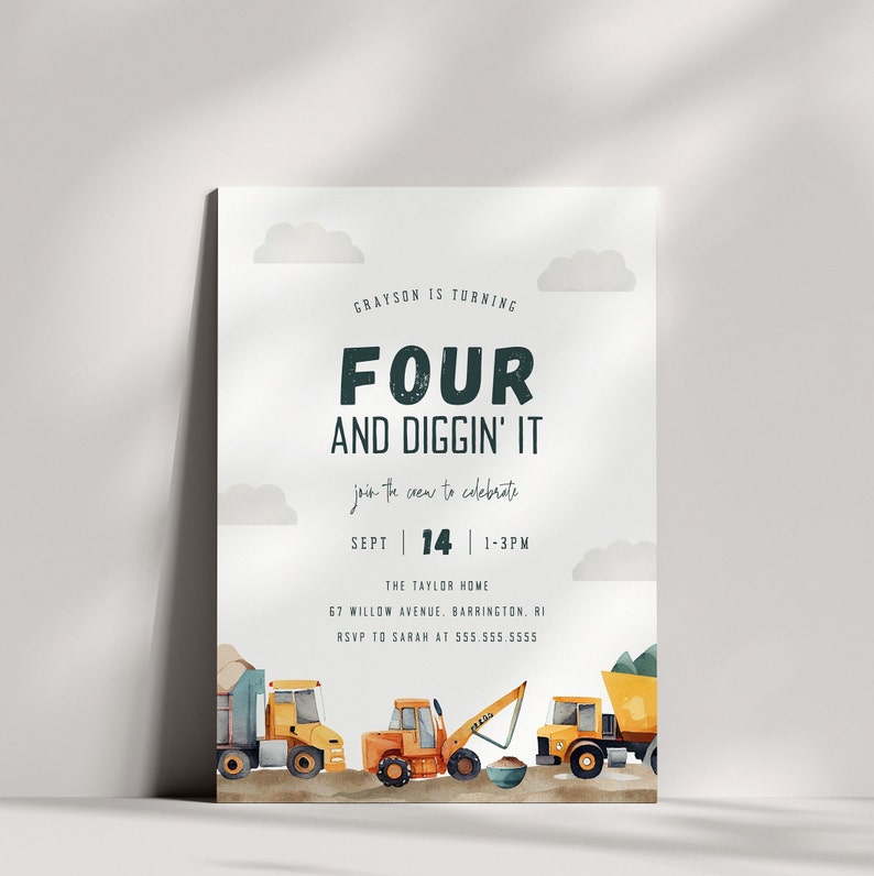 Construction Trucks Birthday Invitation Diggin It Construction Invite ...