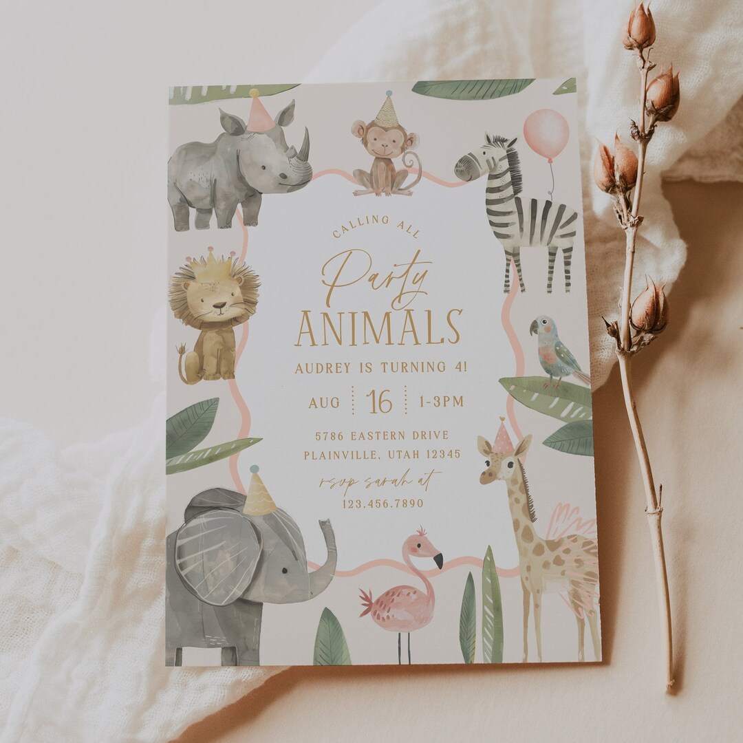 Party Animals Invitation Safari Animals Birthday Party Invite Girl Zoo ...