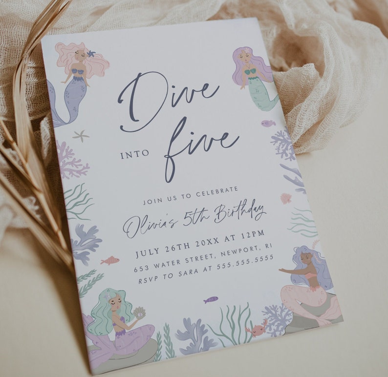 Dive Into Five Invitation, Mermaid Invitation, Under the Sea, Modern ...