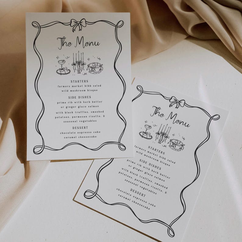 Bow Menu Template Dinner Party Menu Hand Drawn Menu Whimsical Coquette ...