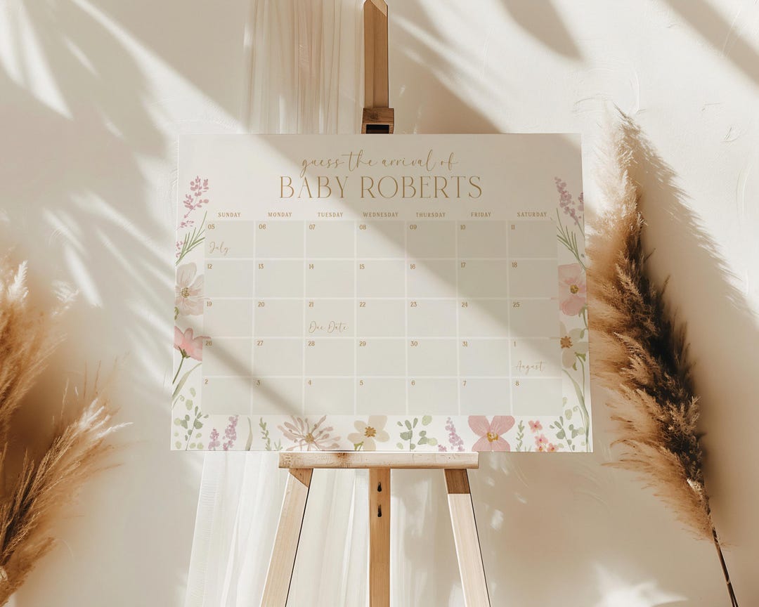 Baby Due Date Calendar Template Guess the Arrival Sign Pink Floral ...