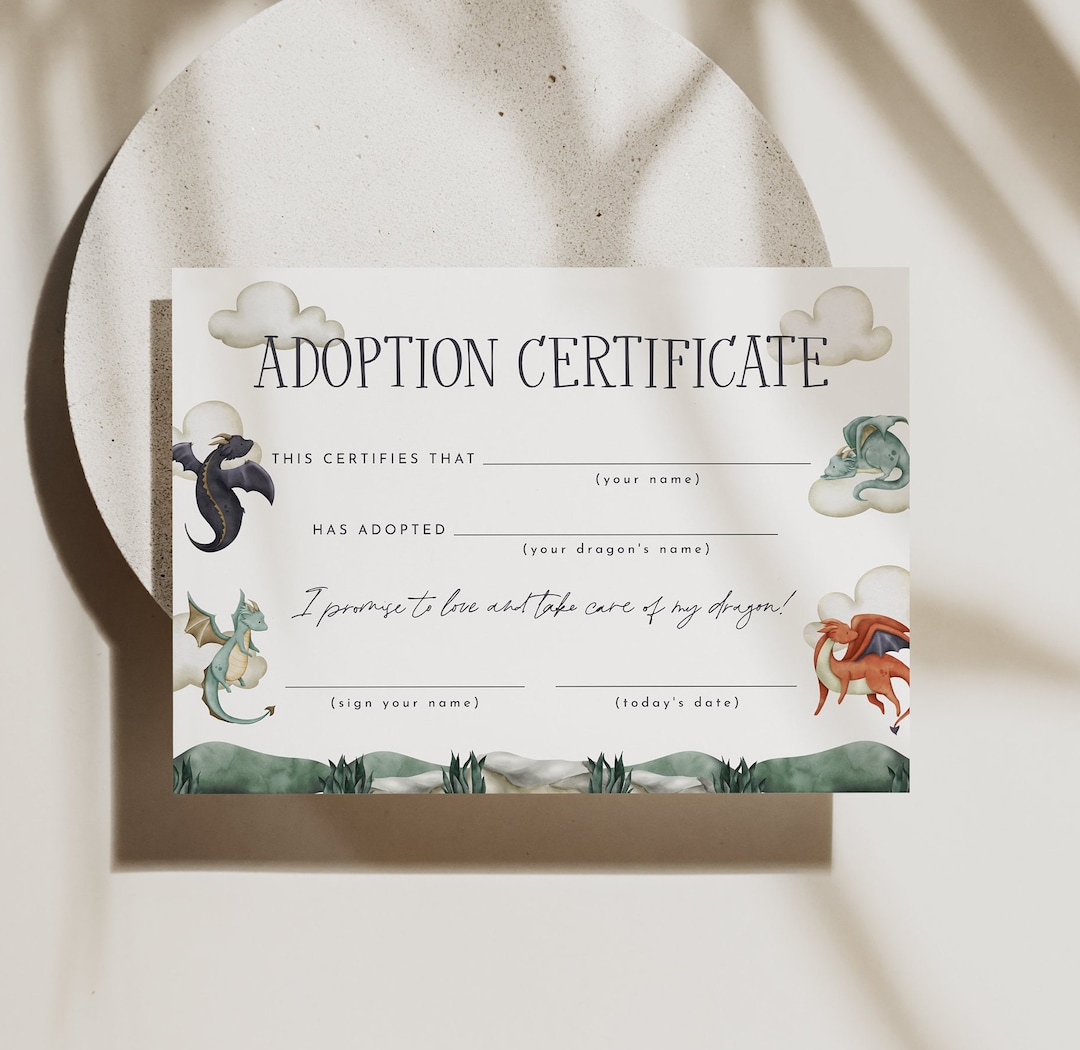 Dragon Adoption Certificate, Adopt a Dragon Form, Boy Dragon Birthday Party, Editable Template ...