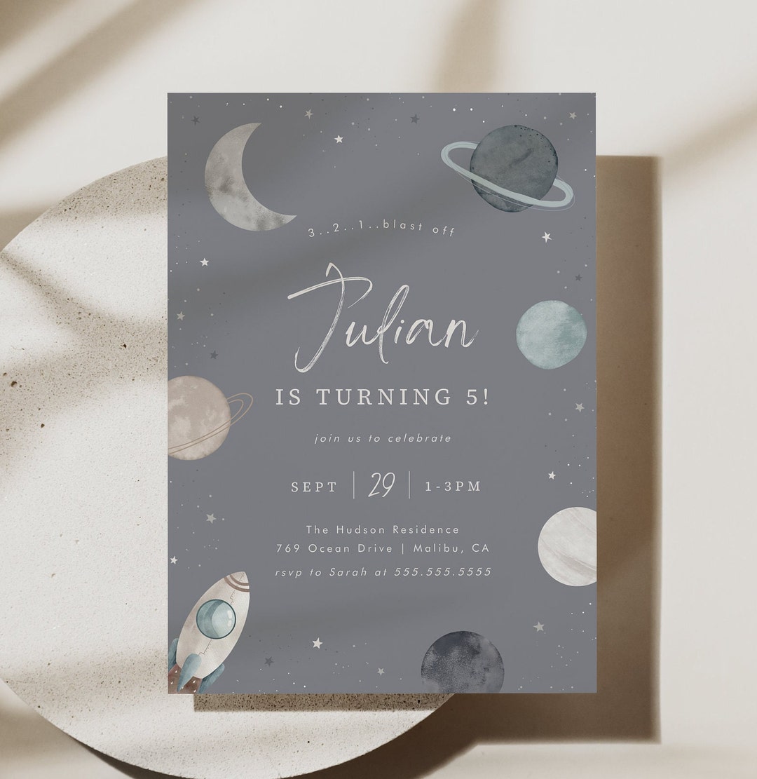 Space Birthday Invitation Galaxy Blast off Astronaut Rocket Spaceship ...