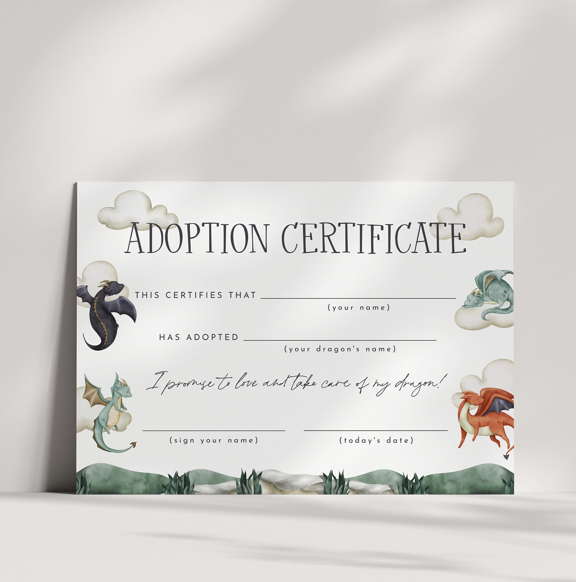 Dragon Adoption Certificate, Adopt a Dragon Form, Boy Dragon Birthday Party, Editable Template ...