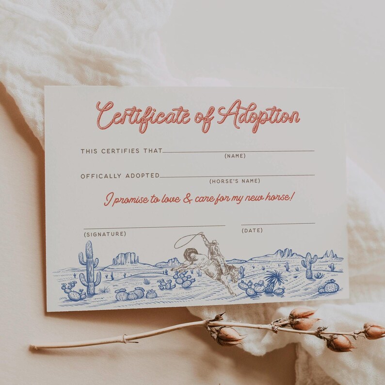 Adoption Certificate Card Template Adopt a Horse Cowboy Birthday Rodeo ...