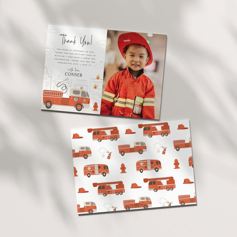 Firetruck Birthday Thank You Card Photo Thank You Card Firefighter ...