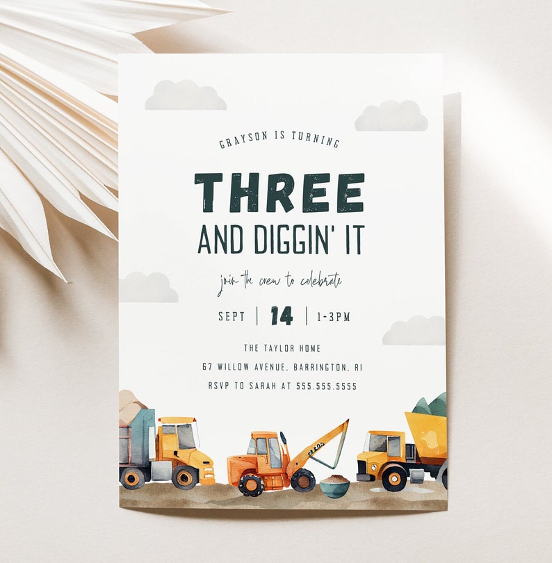 Construction Trucks Birthday Invitation Diggin It Construction Invite ...