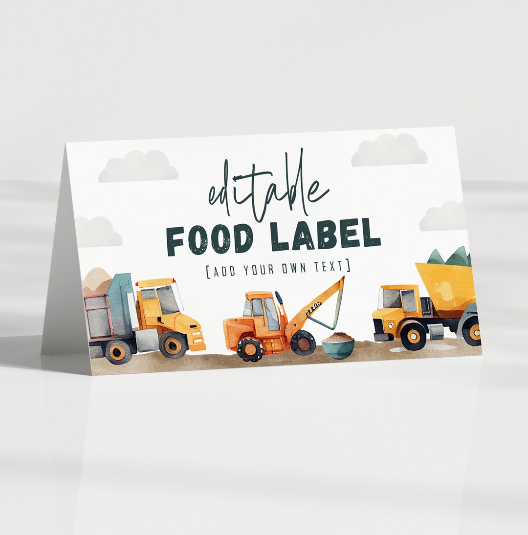 Construction Trucks Food Label Tent Construction Birthday Printable ...