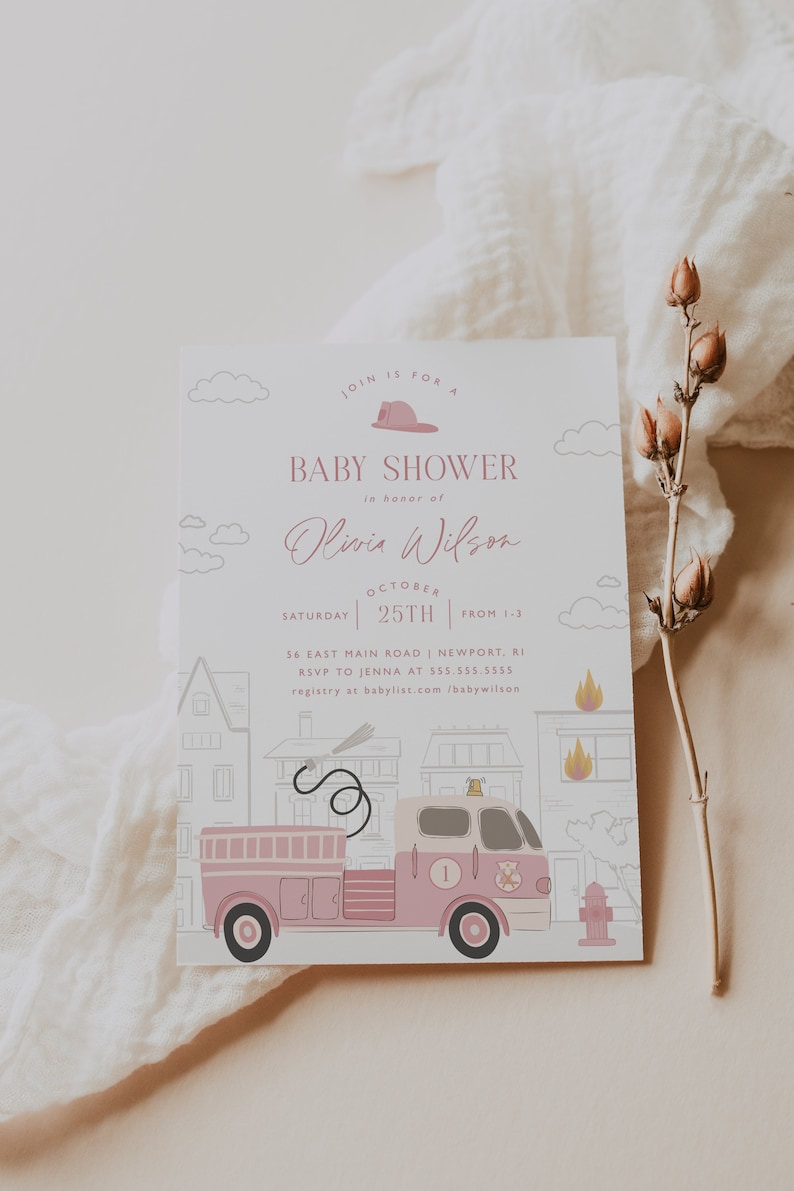 Firetruck Baby Shower Invitation, Baby Girl Firefighter Shower, Fire ...