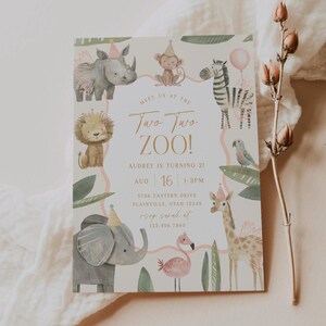 Two Two Zoo Invitation Safari Animals Birthday Party Invite Girl Zoo ...