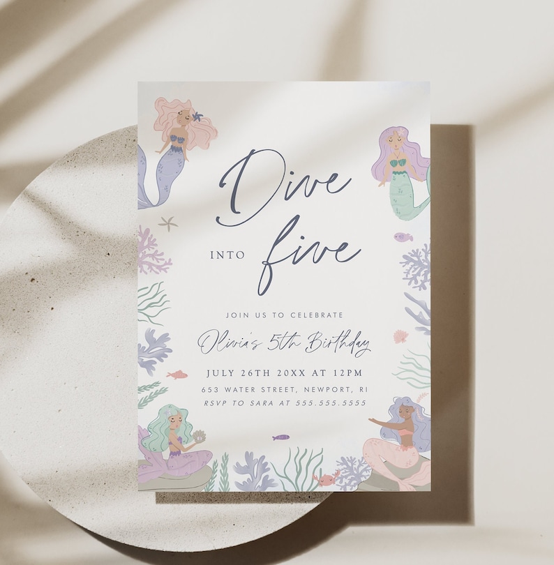 Dive Into Five Invitation, Mermaid Invitation, Under the Sea, Modern ...