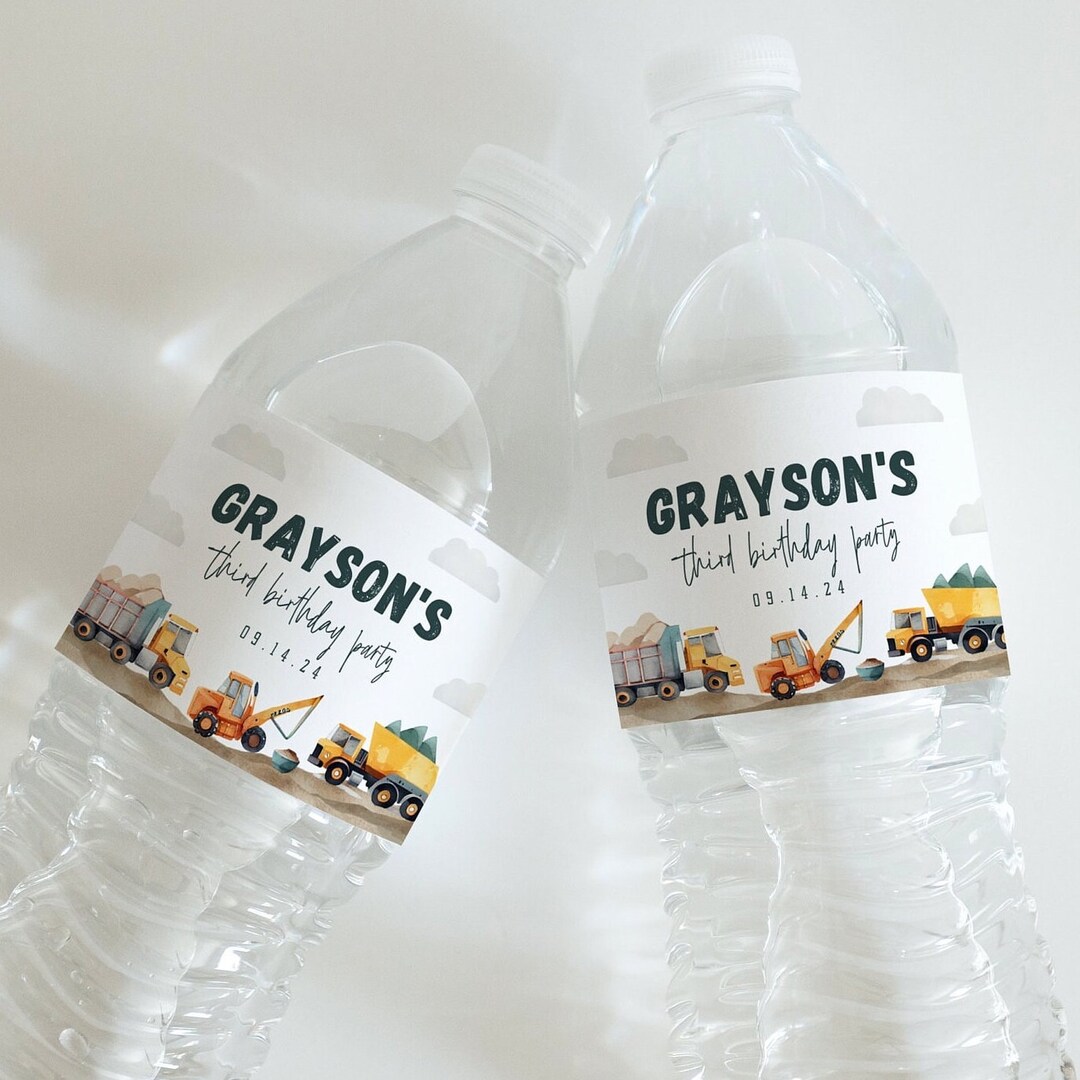 Construction Trucks Water Bottle Label Construction Birthday Party ...