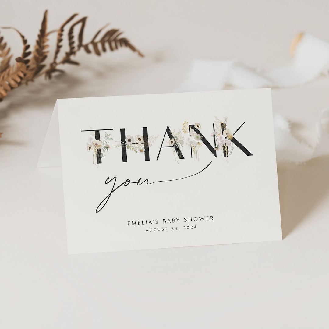 Floral Modern Thank You Card Foldable Card Template Baby in Bloom ...
