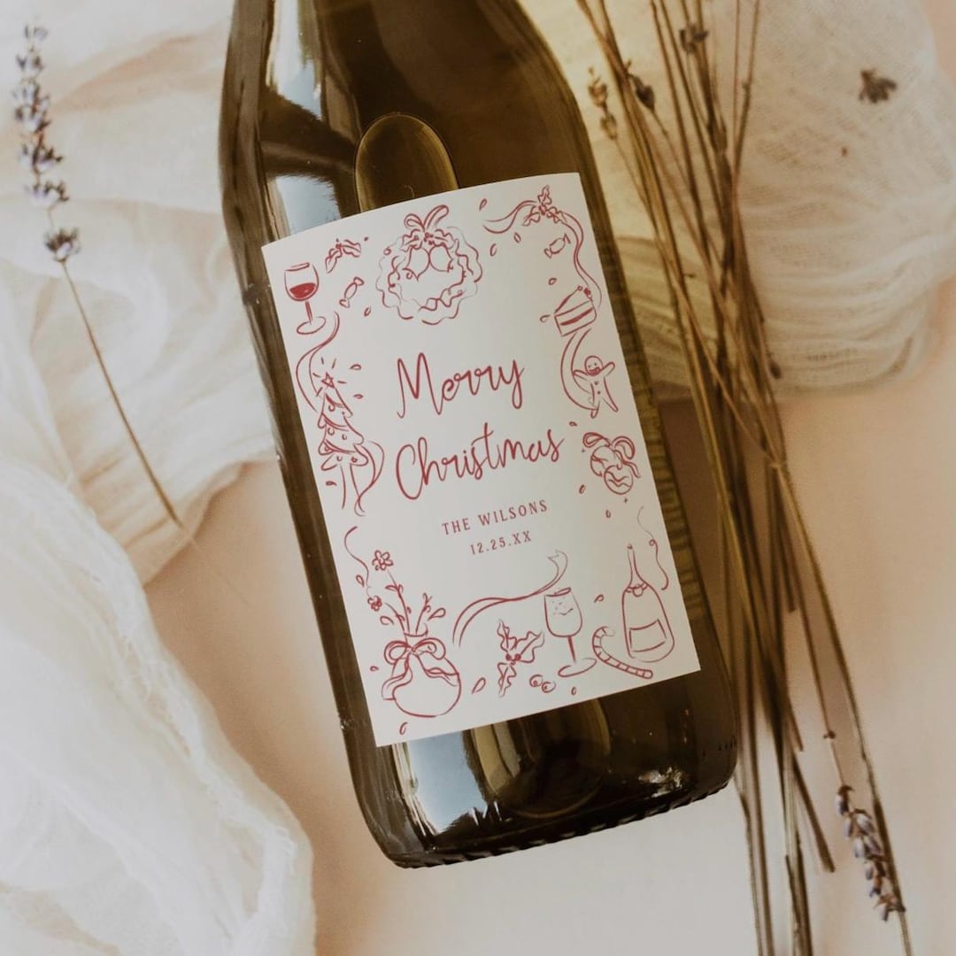 Christmas Wine Label Template Whimsical Holiday Hand Drawn Bottle Label ...