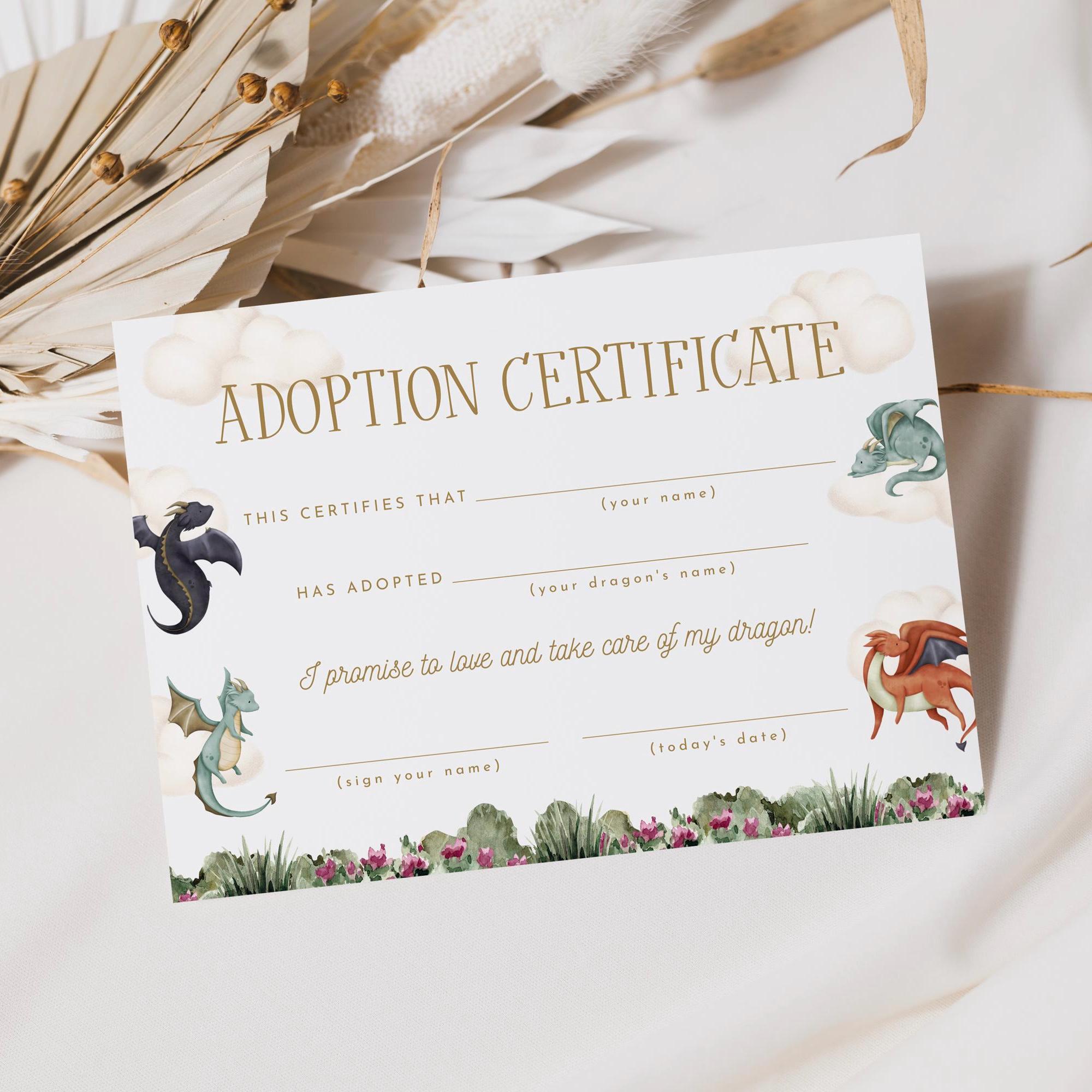 Dragon Adoption Certificate Adopt a Dragon Form Template Girl Boy Joint ...